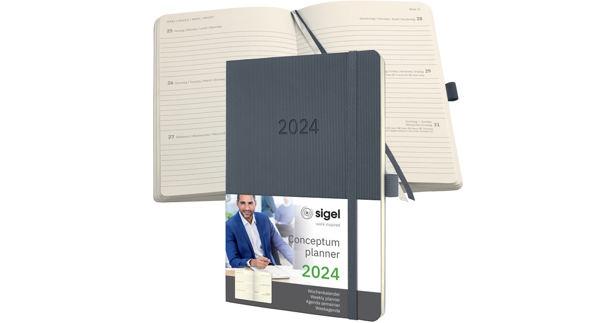 SIGEL C2436 - Terminplaner Wochenkalender Conceptum 2024, ca. A5, Softcover, dunkelgrau