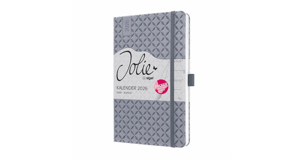 SIGEL J6121 - Wochenkalender Jolie 2026, ca. A5, Hardcover, hellgrau, mit Stickerbogen