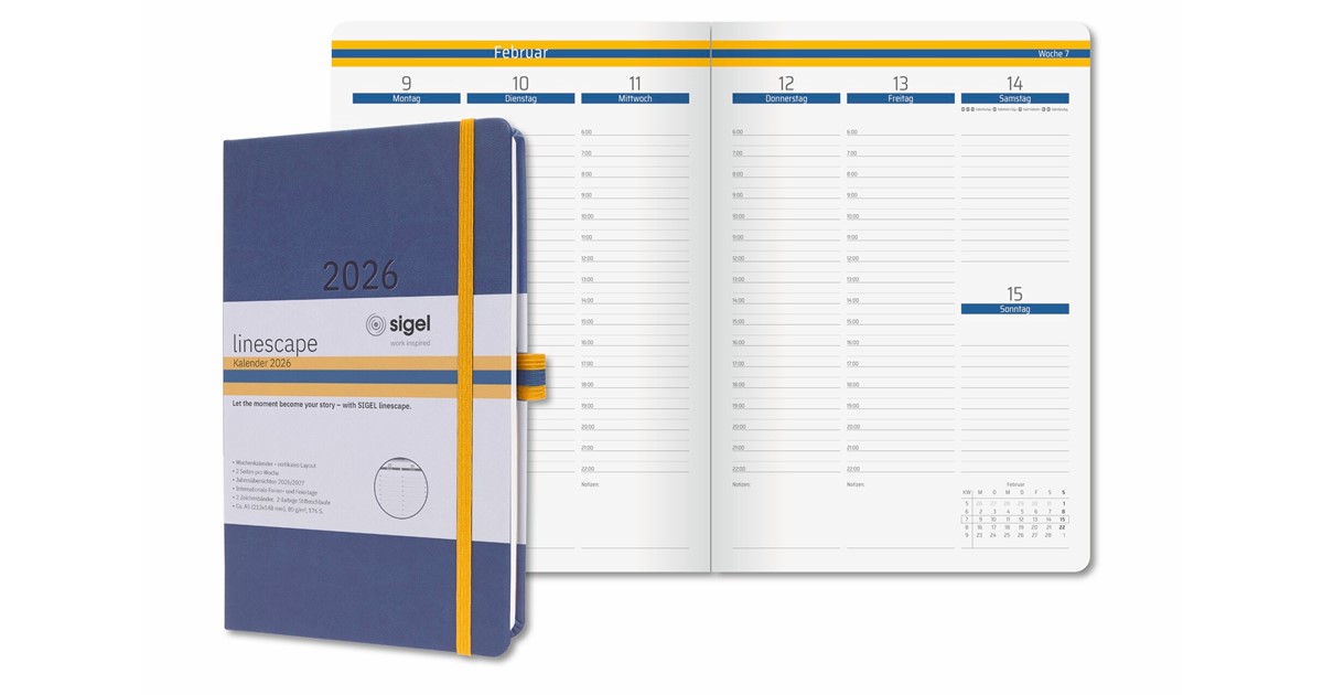 SIGEL L2606 - Wochenkalender Linescape 2026 (DE), ca. A5, Hardcover, blau/gelb