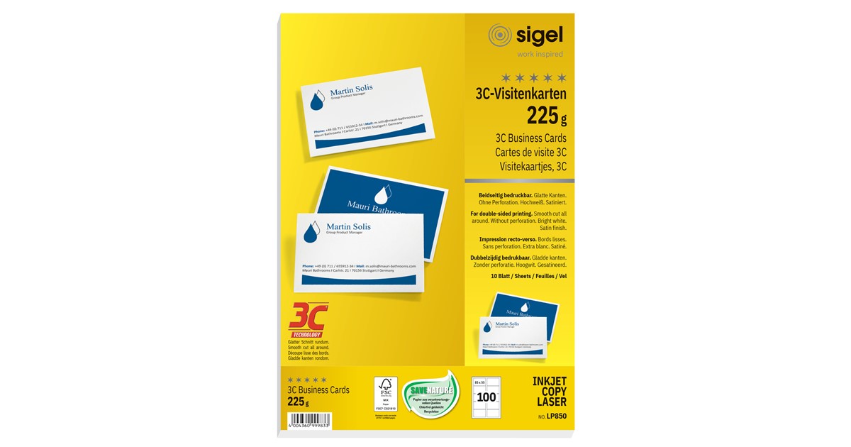 SIGEL LP850 - Visitenkarten, 3C, hochweiß, 225g, beids. Bedruckbar