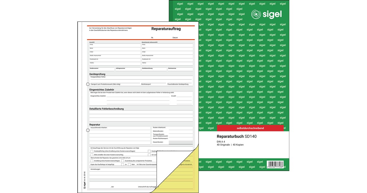 SIGEL SD140 - Reparaturbuch, A4, 2x 40 Blatt, selbstdurchschreibend